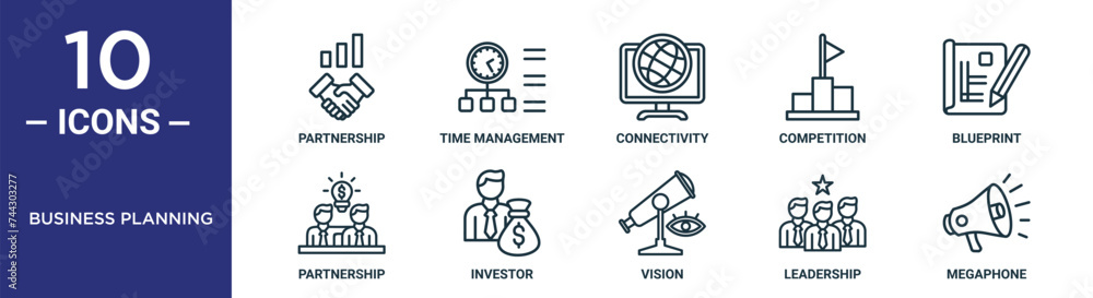 business planning outline icon set includes thin line partnership, time ...