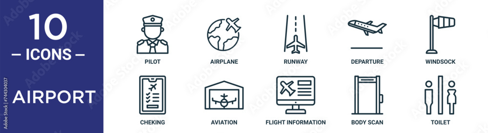airport outline icon set includes thin line pilot, airplane, runway ...
