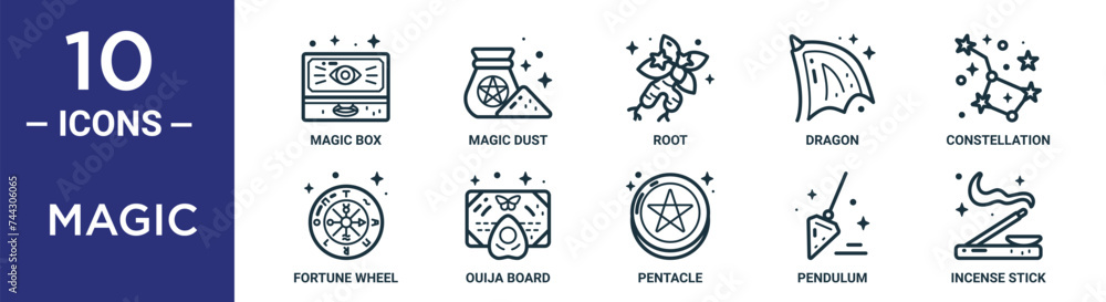 magic outline icon set includes thin line magic box, magic dust, root ...