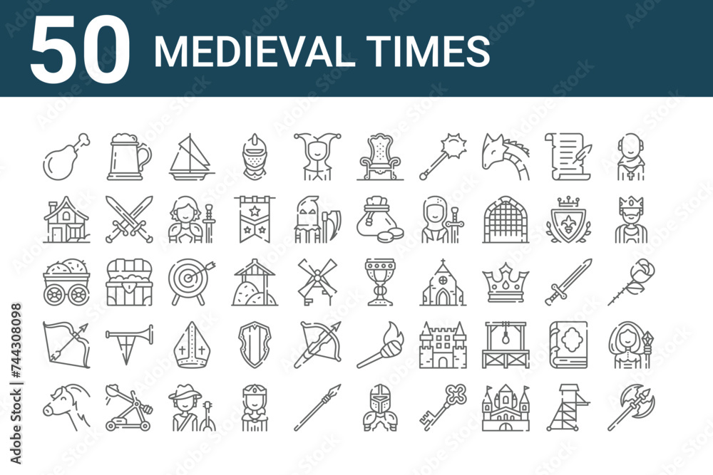 set of 50 medieval times icons. outline thin line icons such as ax ...
