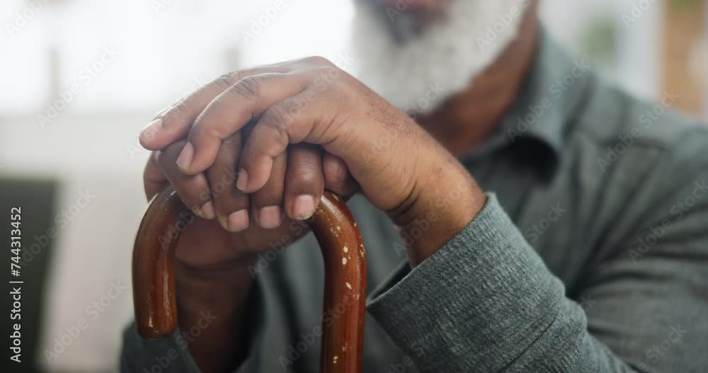 Hands, walking stick and support for person with disability, home and cane for balance in ...