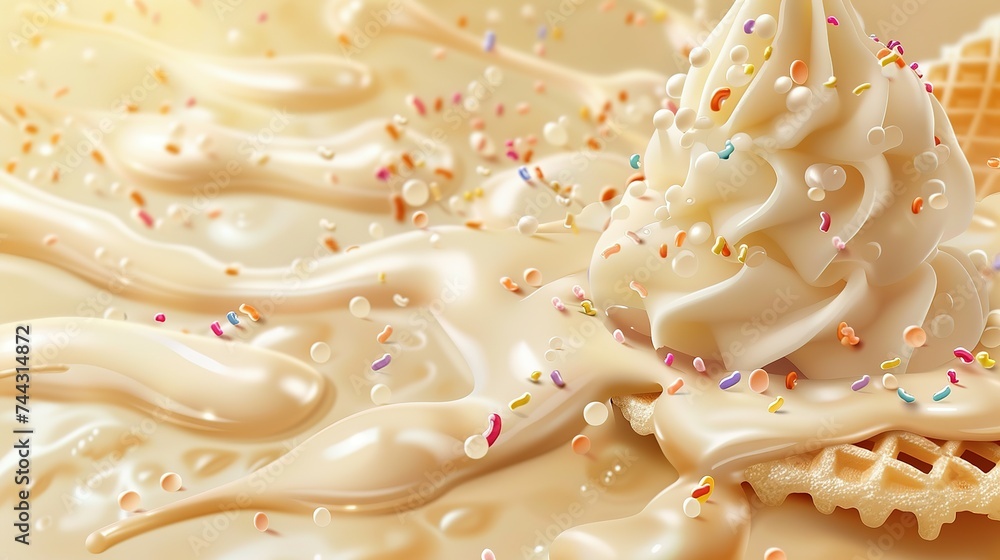 Realistic vanilla ice cream melting drip with candy sprinkles on wafer ...