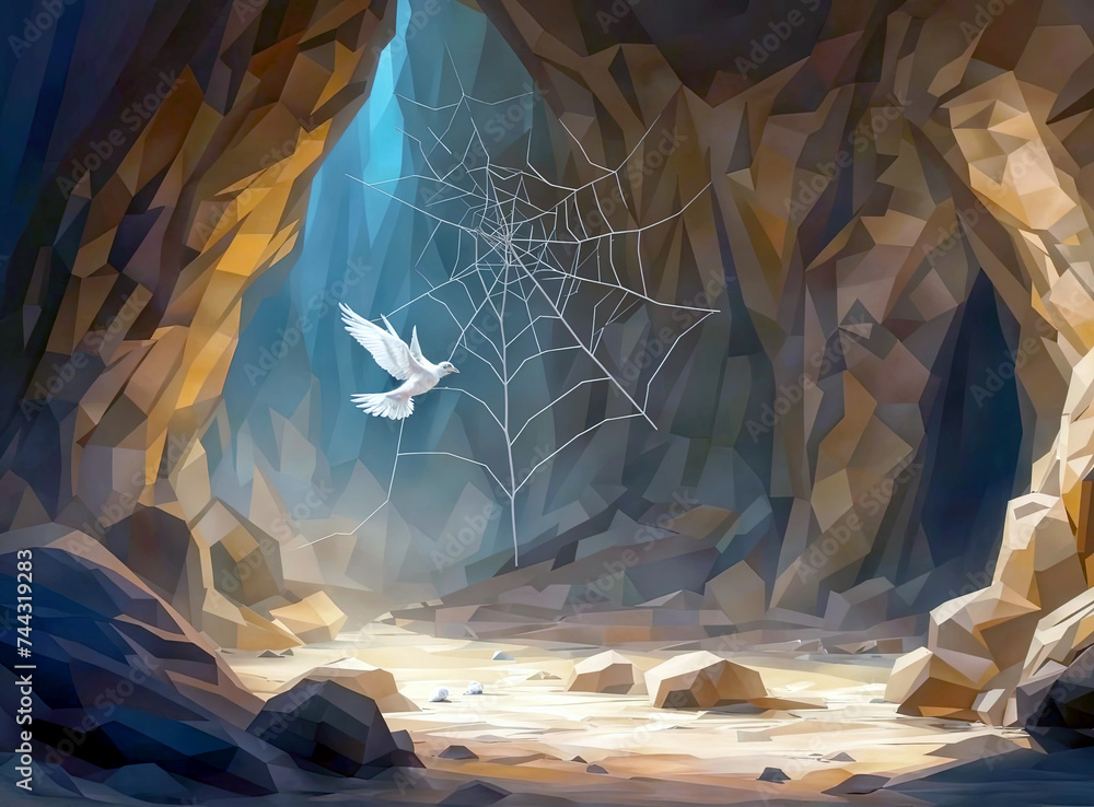 dove and the spider web in front of the opening of the Hira cave Stock ...