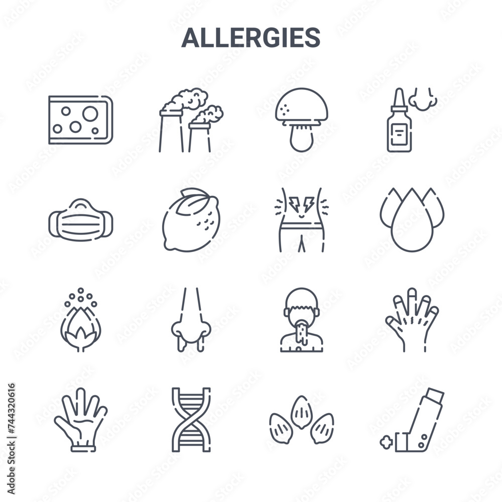 set of 16 allergies concept vector line icons. 64x64 thin stroke icons ...