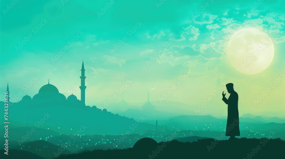 Silhouette of a man making dua (prayer), with Islamic background of ...