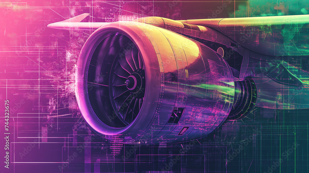 Background Image Digital model of airplane engine with lines and ...