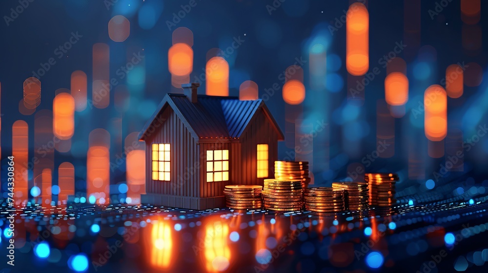 Real estate investment concept with house, rising graph, and stacked ...