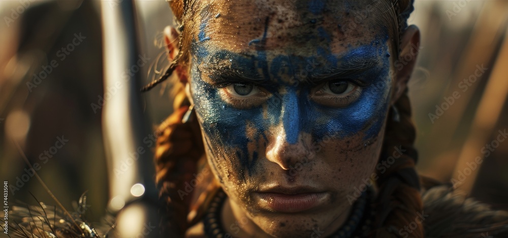 A female Celtic warrior her face adorned with blue war paint grips a ...
