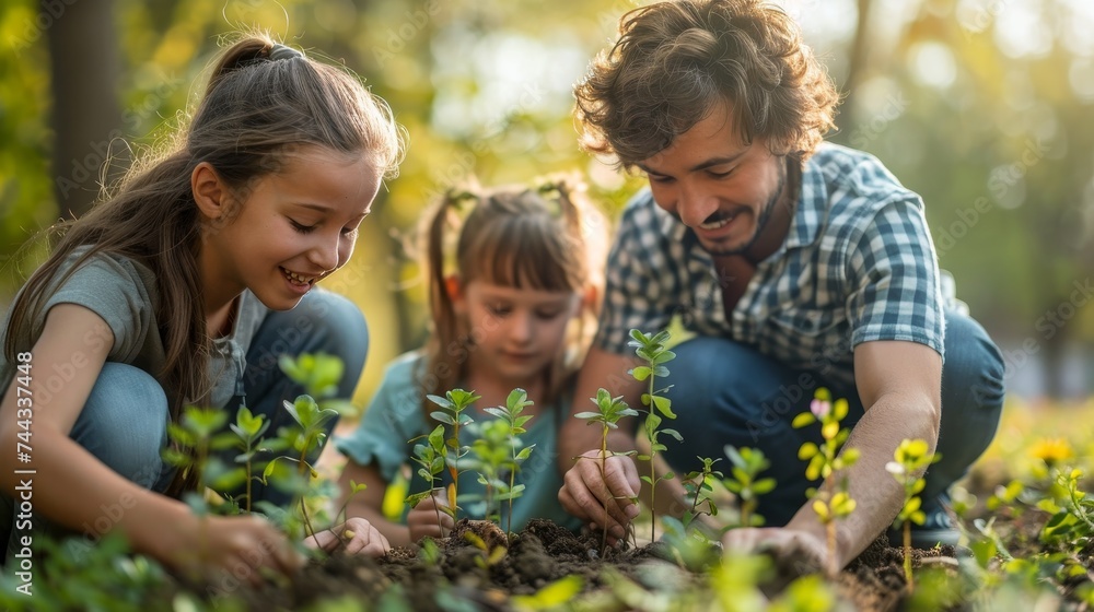 Family planting trees in a park displays intergenerational dedication ...