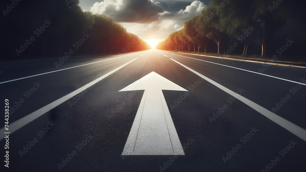 An asphalt road stretches into the distance with a painted white arrow ...