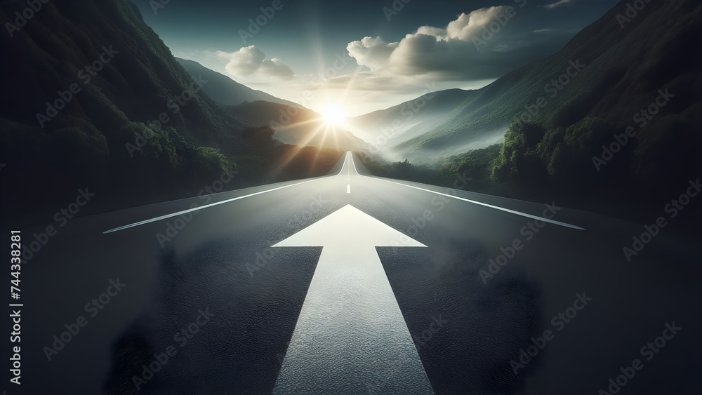 An asphalt road stretches into the distance with a painted white arrow ...