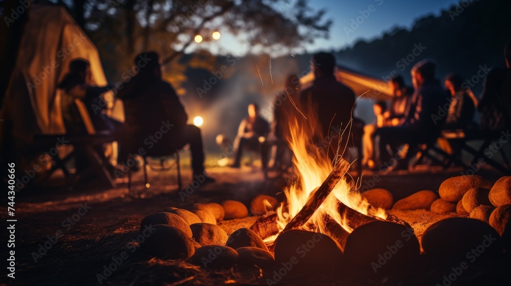 Campfire in forest with people sitting on chairs in the background ...