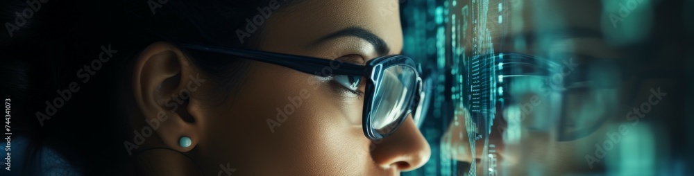 computer programming code reflecting on developer woman's glasses Stock Illustration | Adobe Stock