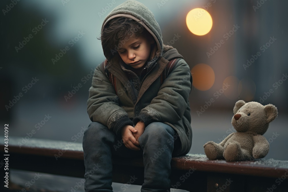 Sad little kid. Poor child with dirty face and desperate eyes. Generate ...