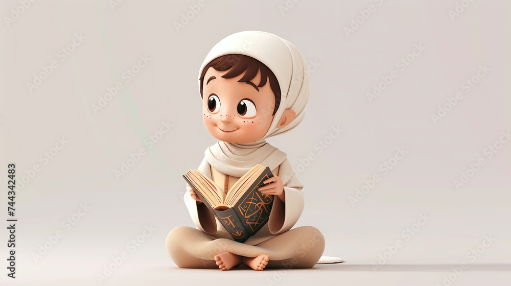 Cute muslim boy cartoon wearing thobe and holding a Quran Stock ...