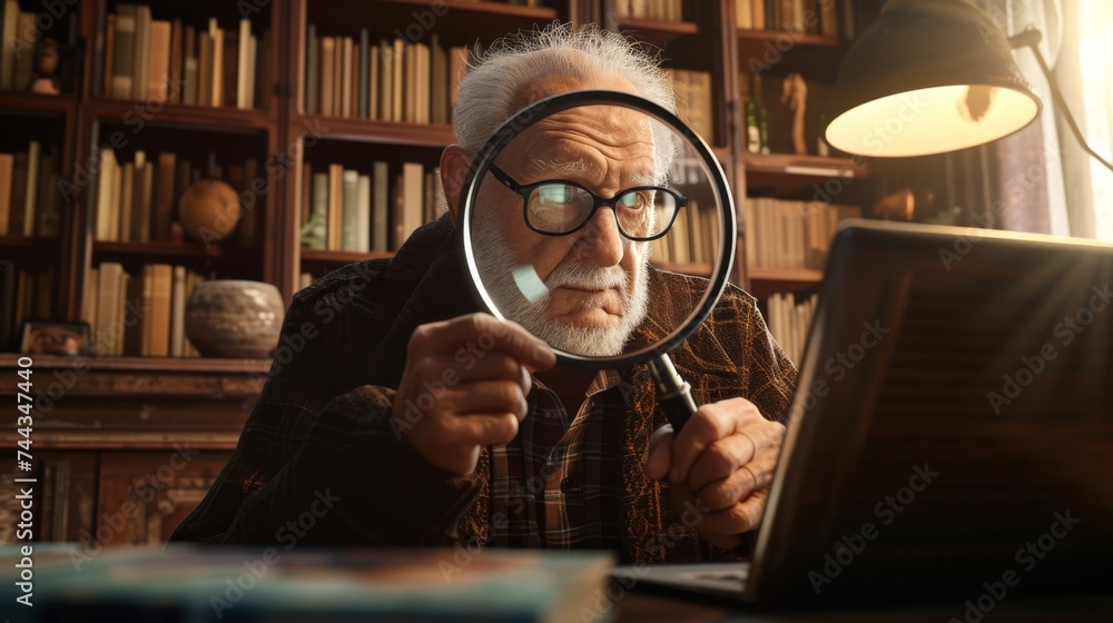A photorealistic image of a curious old man intently using a huge ...