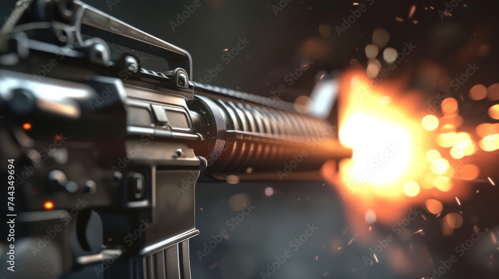 A 3D rendered image of a close-up view of an M16 rifle firing, focusing ...