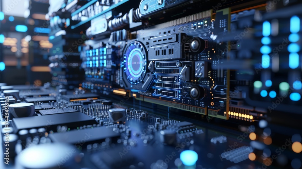 A 3D rendered image of a futuristic GPU integrated into an advanced ...