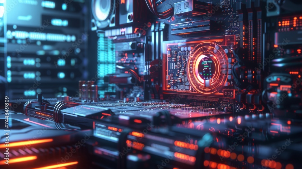 A 3D rendered image of a futuristic GPU integrated into an advanced ...