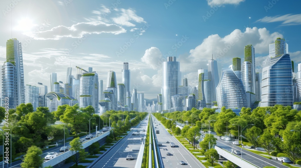 A 3D rendered image of a futuristic hydrogen-powered city, with ...