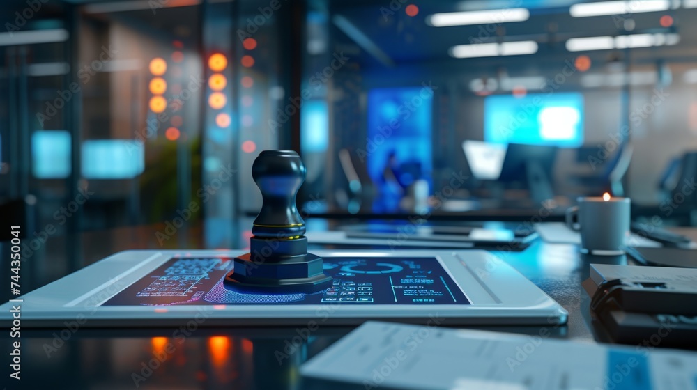 A 3D rendered image of a modern, digital approval stamp being used on ...