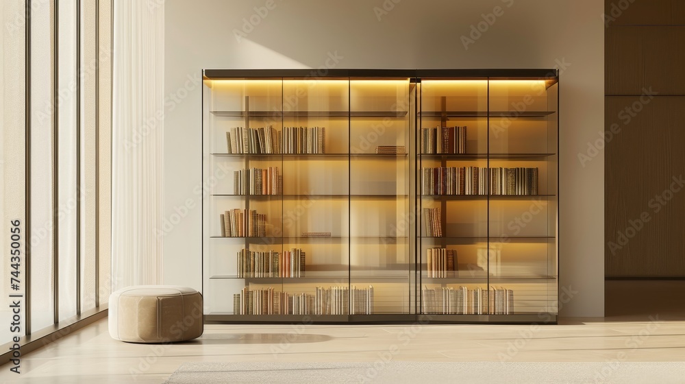 A 3D rendered image of a modern, minimalist bookshelf with books ...
