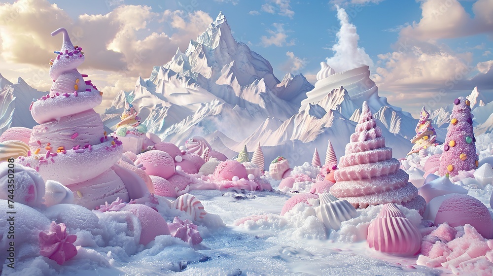 A whimsical landscape of Ice Cream Land, where the mountains are peaks of frozen treats and the ...