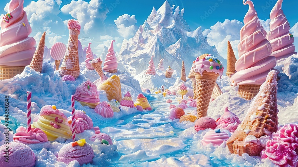 A whimsical landscape of Ice Cream Land, where the mountains are peaks of frozen treats and the ...