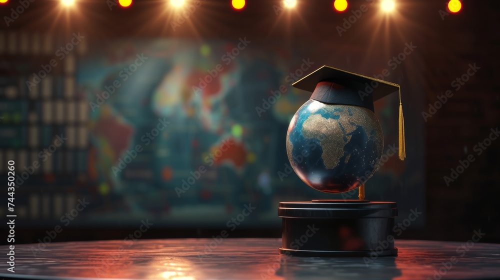 A 3D rendered image of a small globe wearing a graduation cap ...