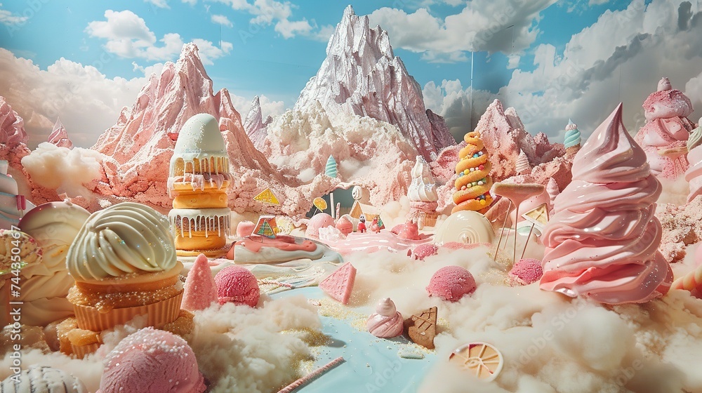 A whimsical landscape of Ice Cream Land, where the mountains are peaks ...