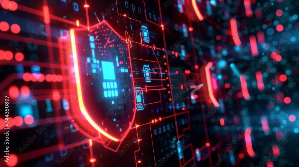 A digital artwork showing a formidable firewall as a glowing barrier ...