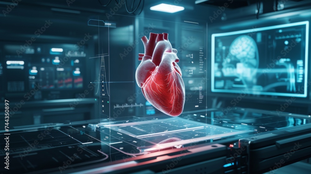 a heart hologram floating above a high-tech medical table, with ...