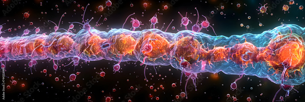 Neuron cell with glowing light in the brain, A closeup of microscopic ...