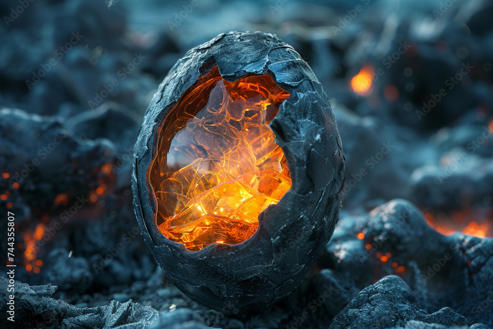 3d render of a dragons egg cracking open revealing a core of fire ...