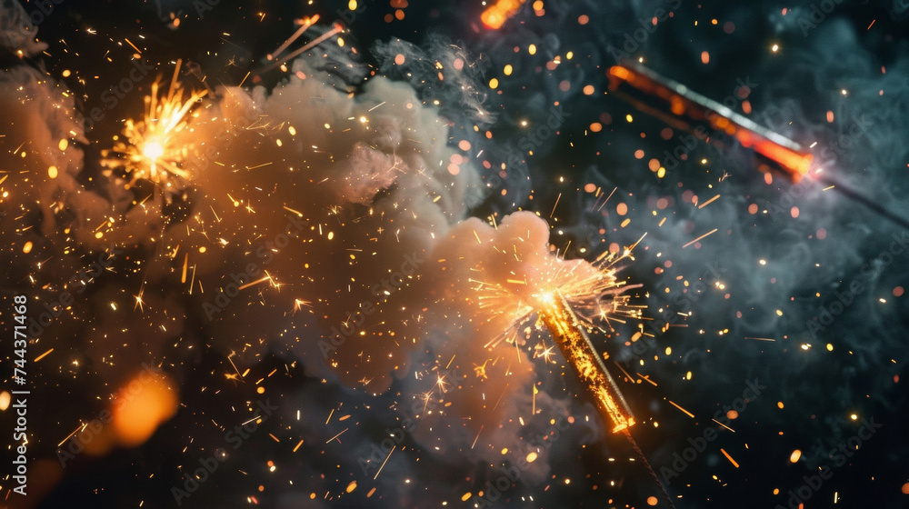 A bold and dynamic background of firecrackers exploding against a black ...