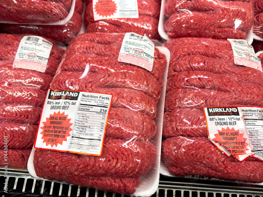 Large plastic wrapped trays of Kirkland Signature ground beef for sale ...