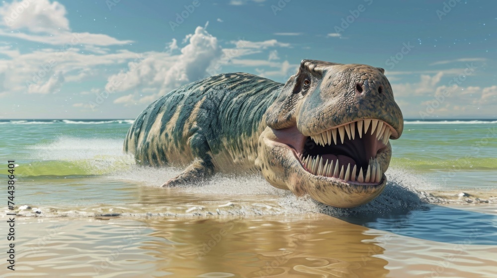 A giant mosasaur emerging from the ocean to bask in the warm sun on the ...