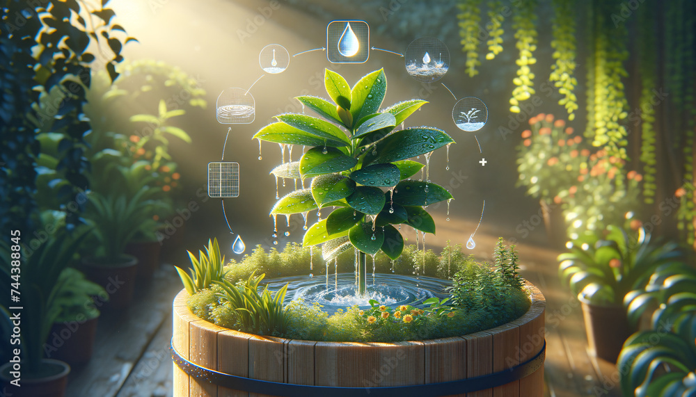 Water Conservation: Vibrant plant with glistening droplets feeds rain ...