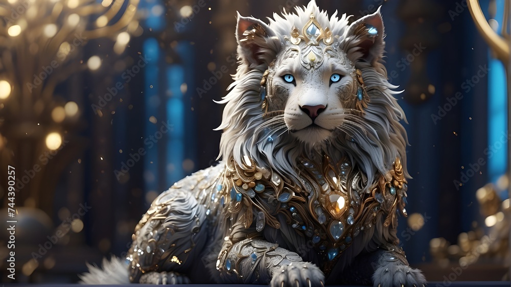 "A majestic creature with fluffy fur and sparkling gems adorning its ...