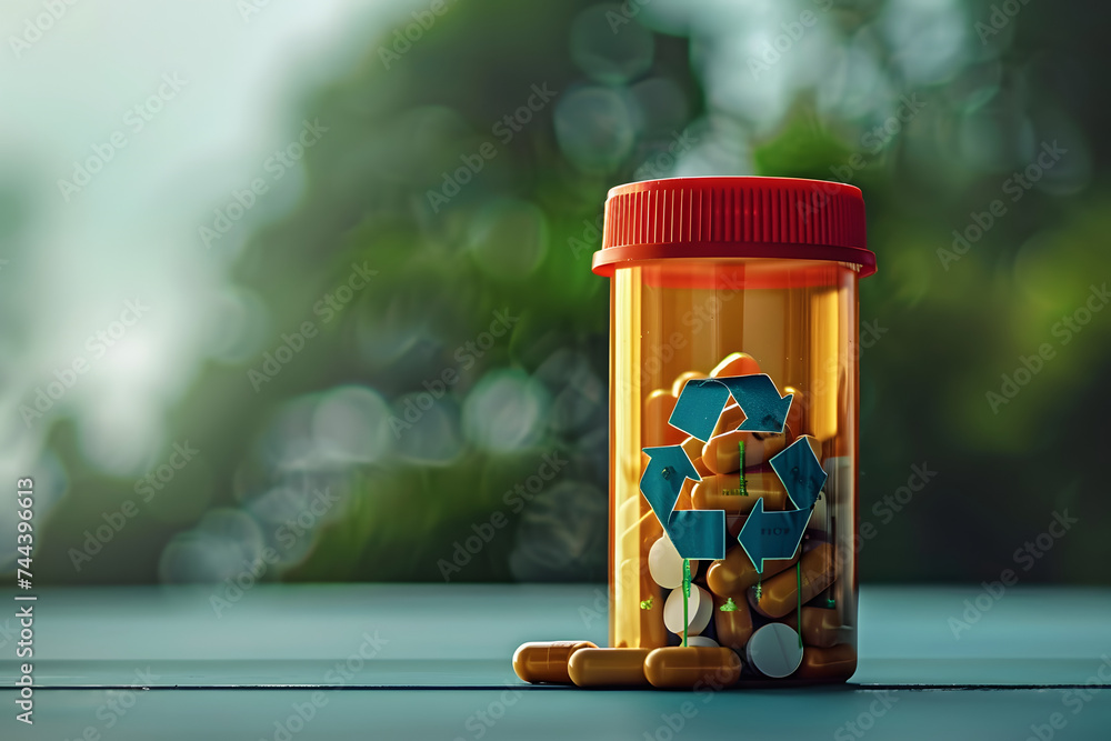 An eco-friendly medical pill bottle featuring a prominent recycling ...