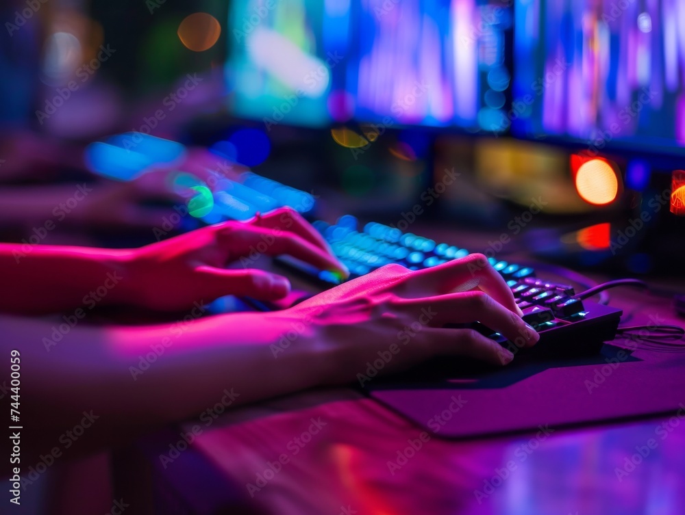 Shadowy figure coding in a dimly lit workspace hands barely visible ...