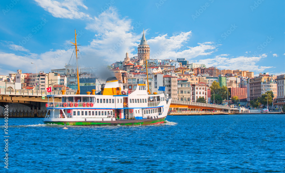 Sea voyage with old ferry (steamboat) in the Bosporus - Galata Tower ...