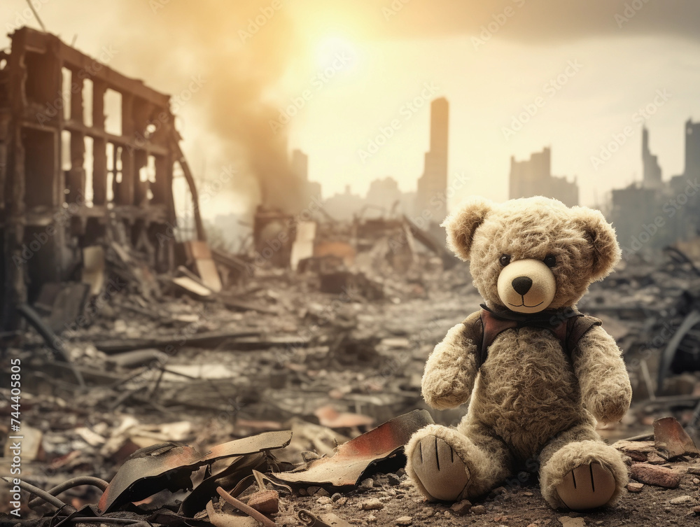 kids teddy bear toy over city burned destruction of an aftermath war ...