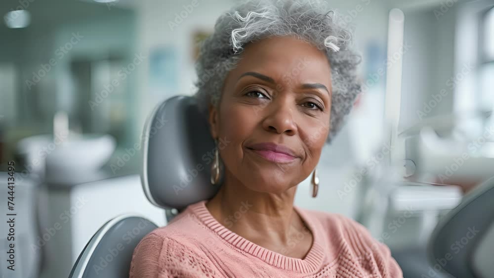 A retiree sitting in a dental office watching a video about proper ...