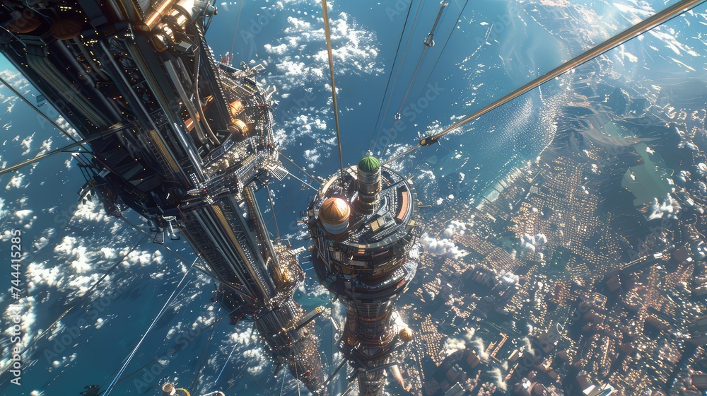 colossal space elevator tethered to Earth's surface, stretching beyond ...