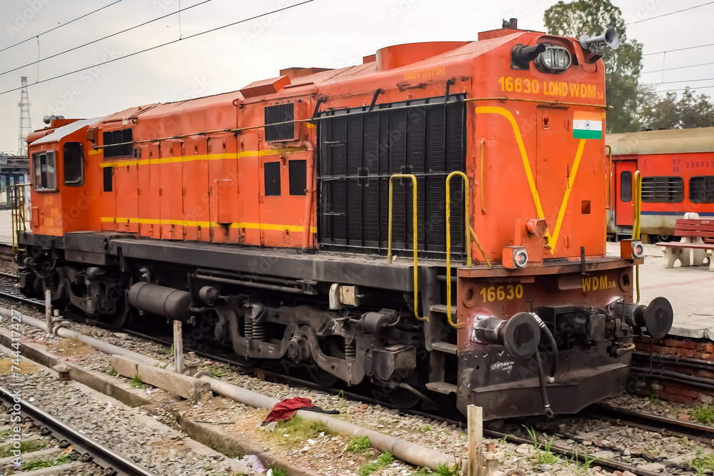 Amritsar, India, February 03 2024 - Indian train electric locomotive ...