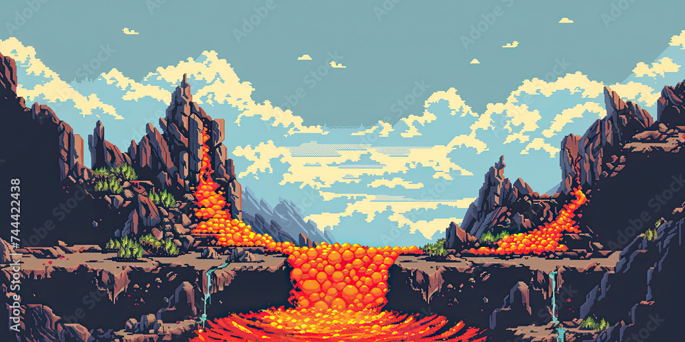Lava fire gaming background, vintage retro graphics level design, heat ...