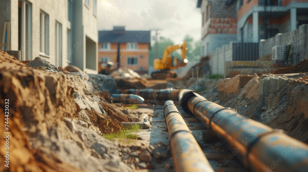 Installation of a sewage pipes in the street by public works to give ...