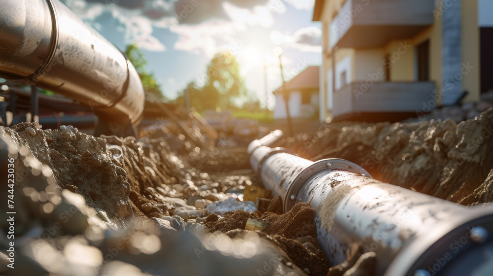 Installation of a sewage pipes in the street by public works to give ...