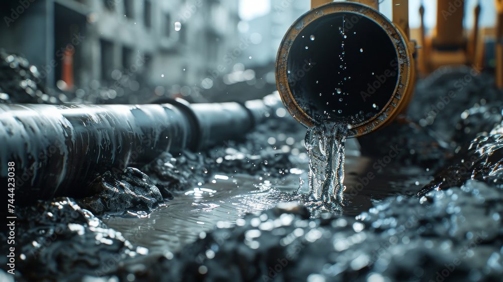 Installation of a sewage pipes in the street by public works to give ...